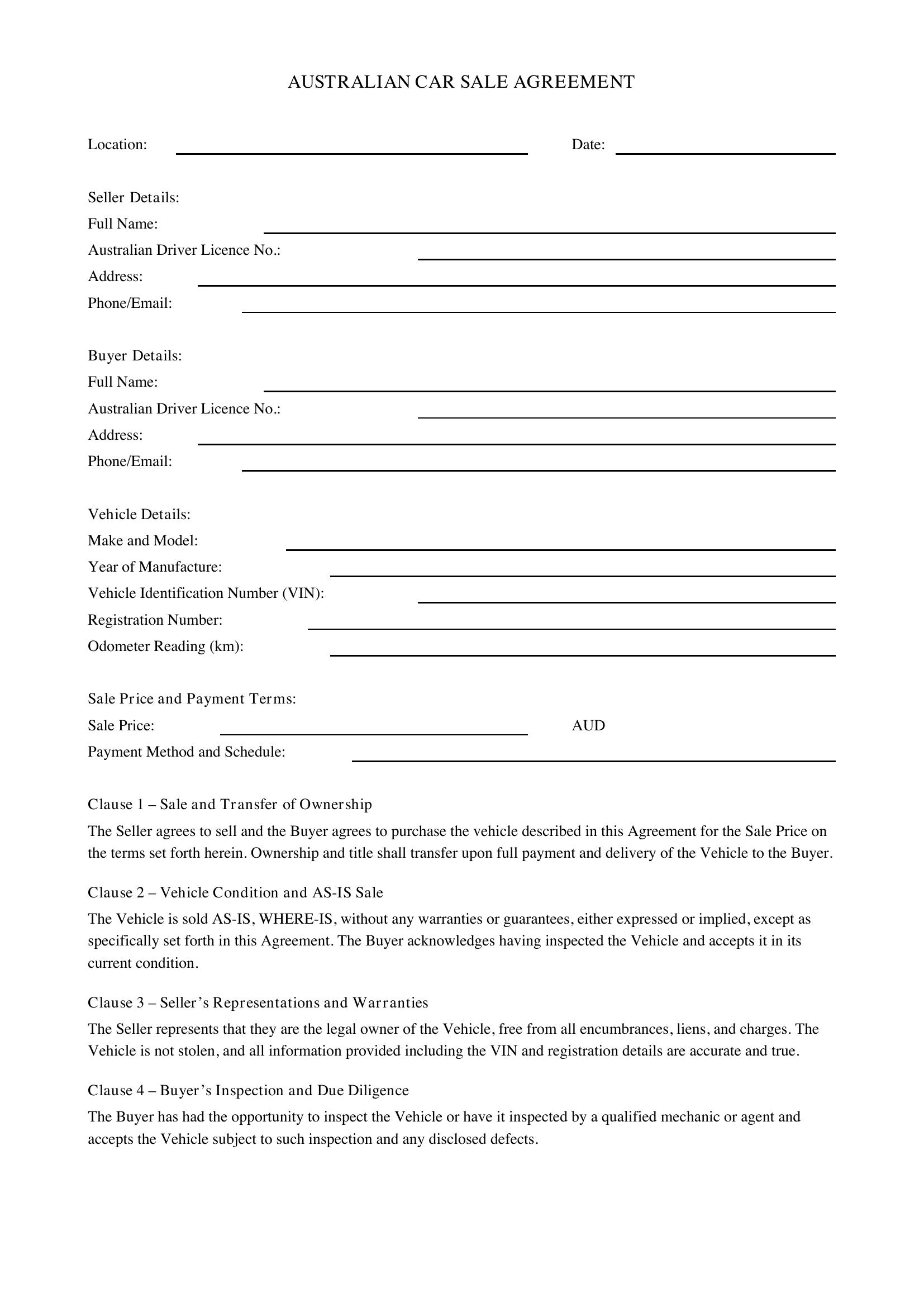 Car Sale Letter Template - Australia