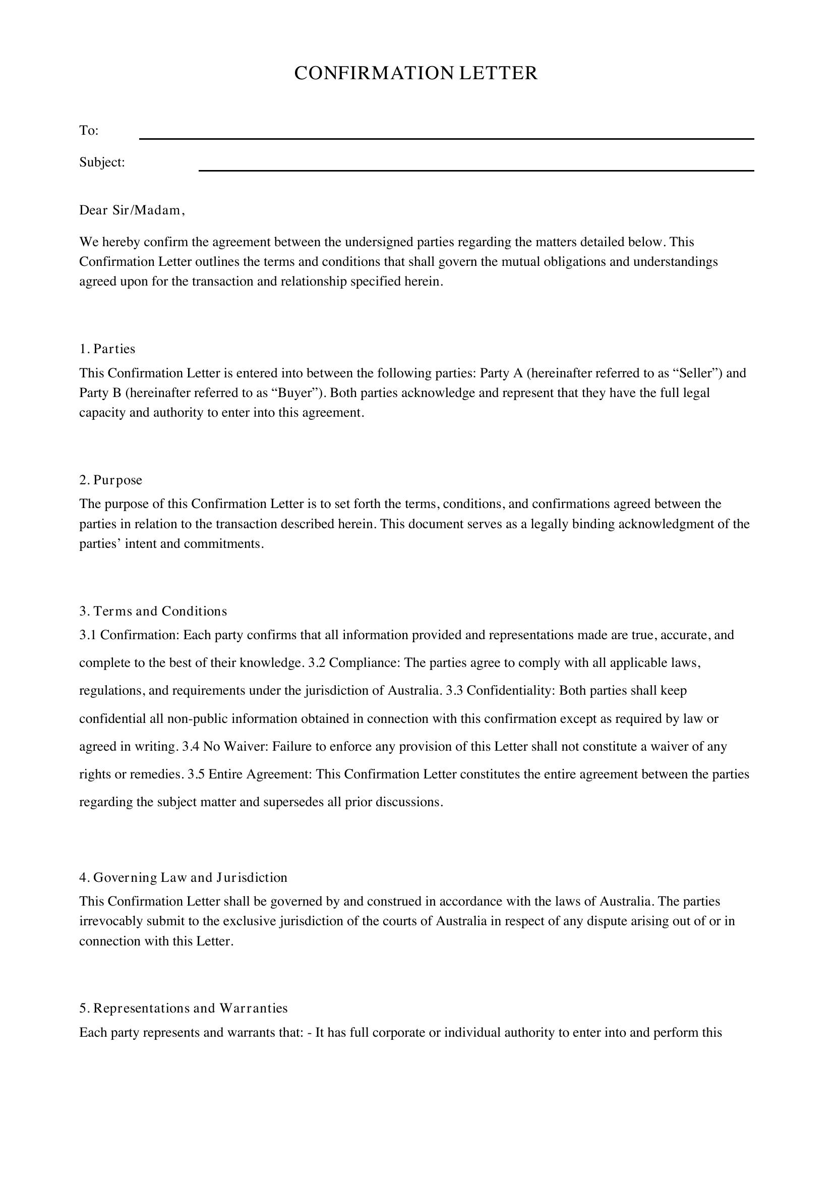 Confirmation Letter Template - Australia