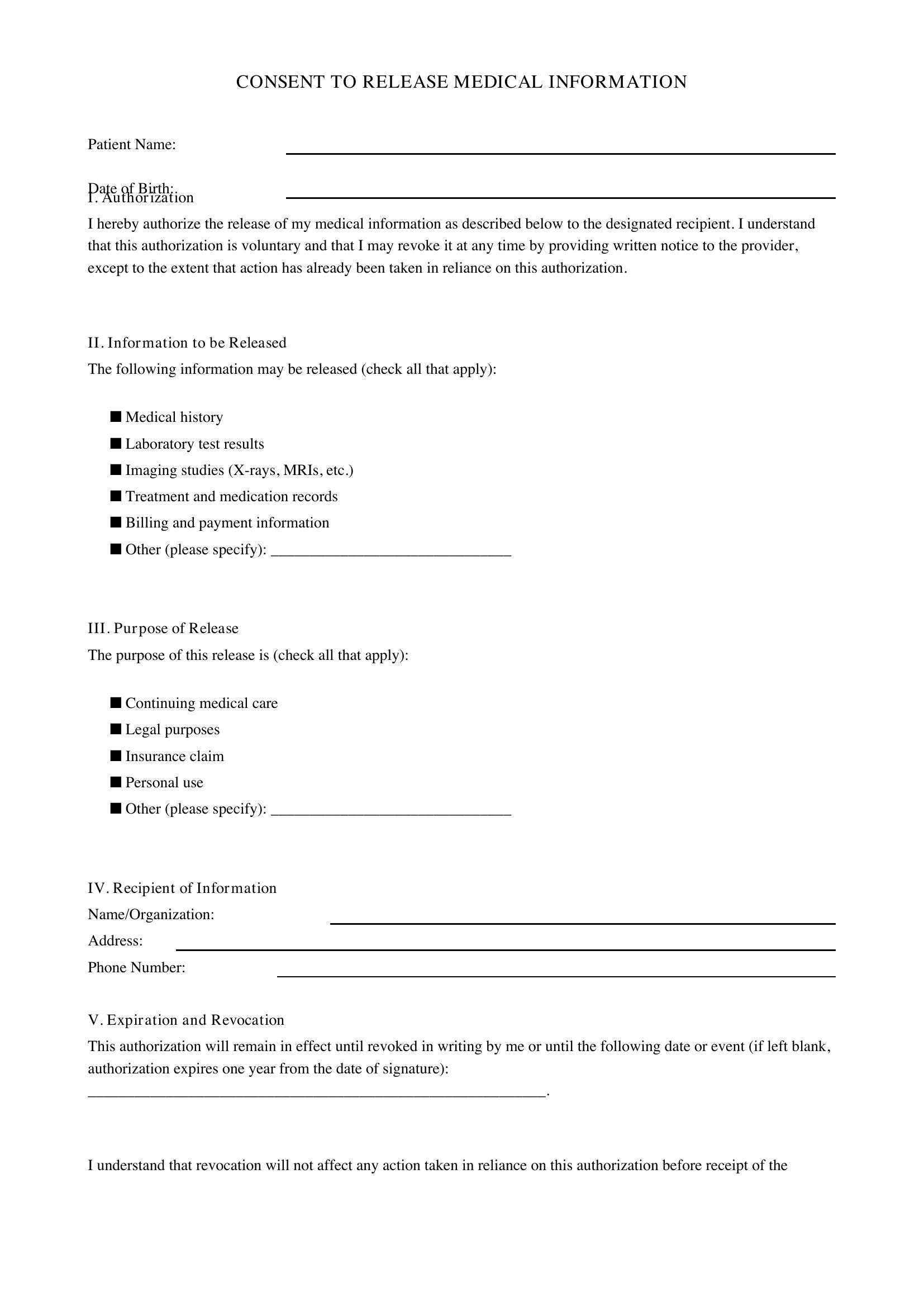 Medical Release Of Information Form Template 30+ Medical Release Form