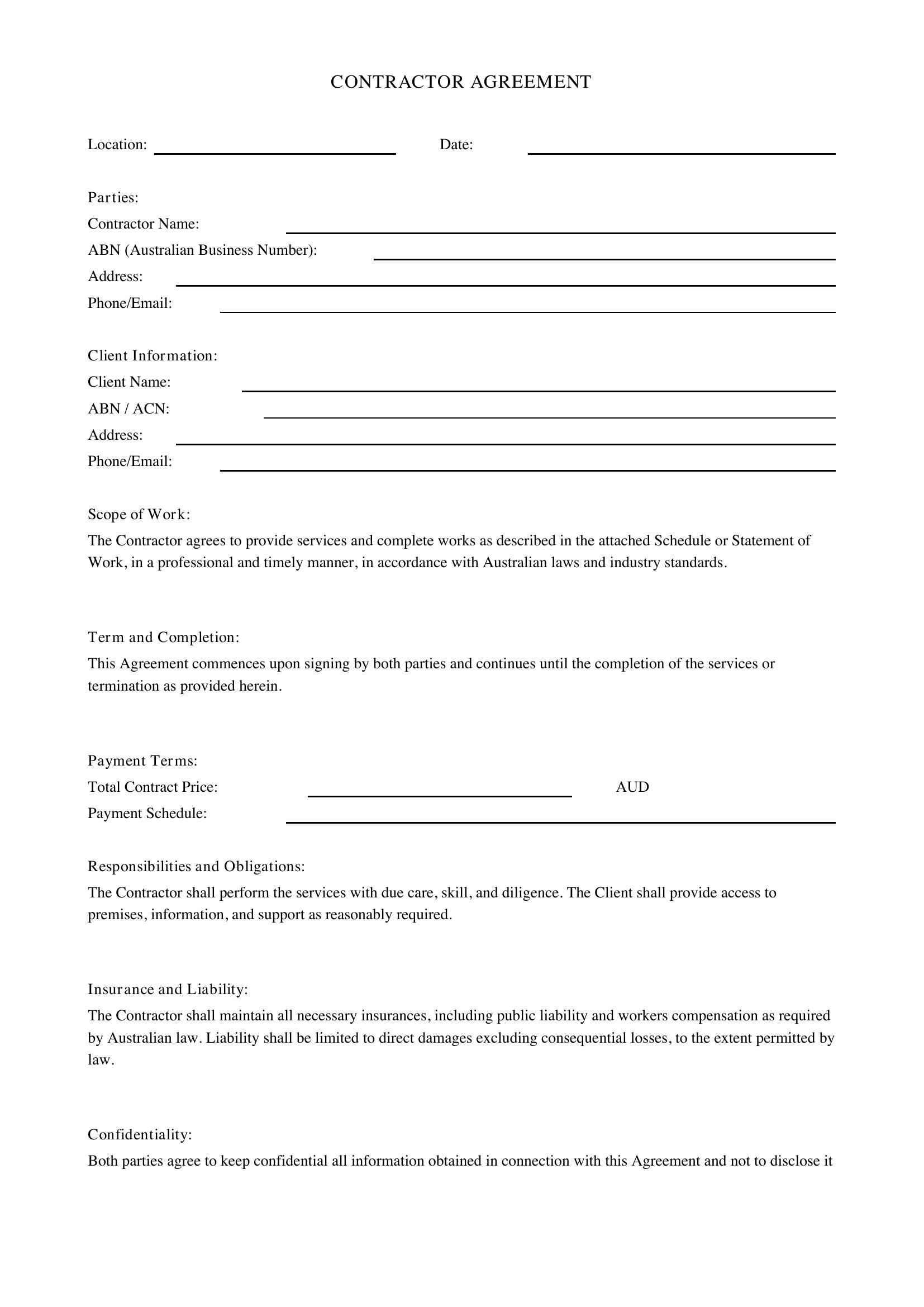 Contractor Agreement Nsw Template - Australia