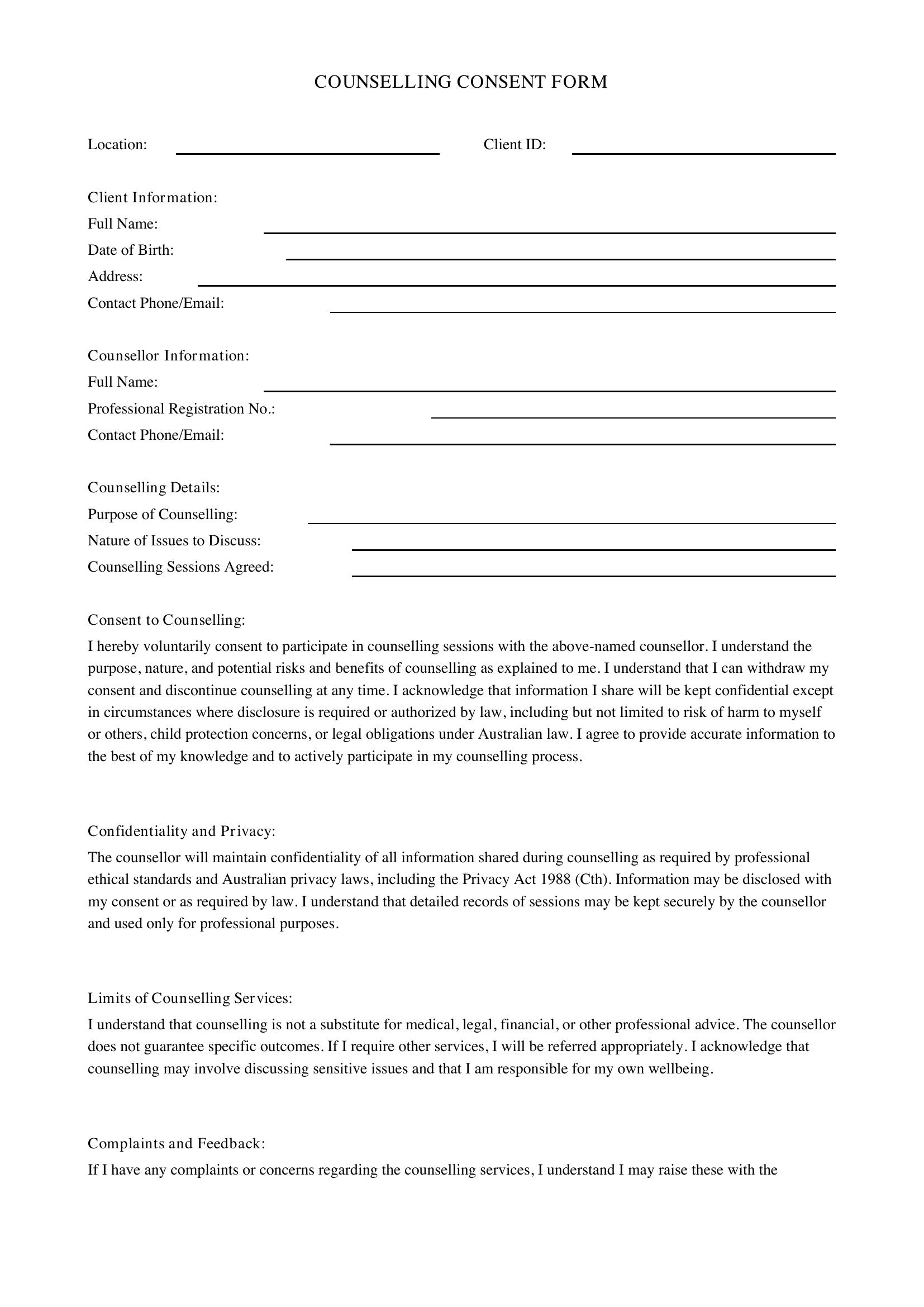 Counselling Consent Form Template - Australia