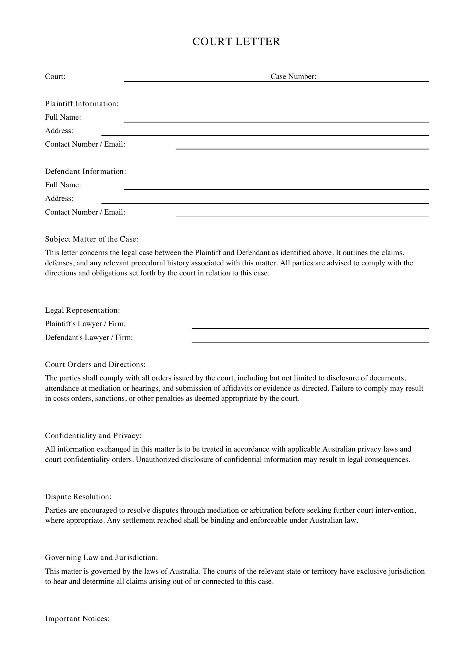 Court Letter Template - Australia