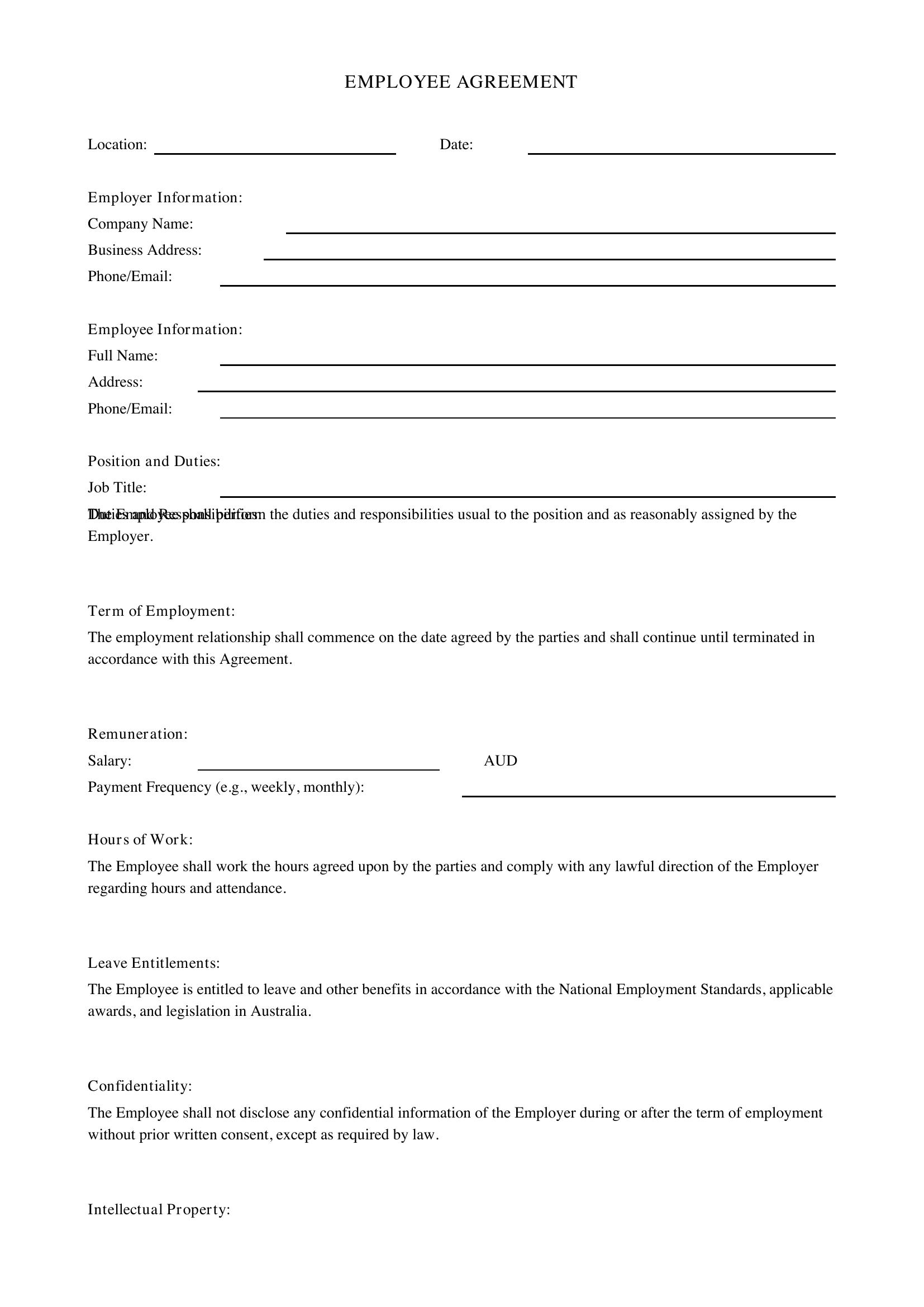 Employee Agreement Template - Australia