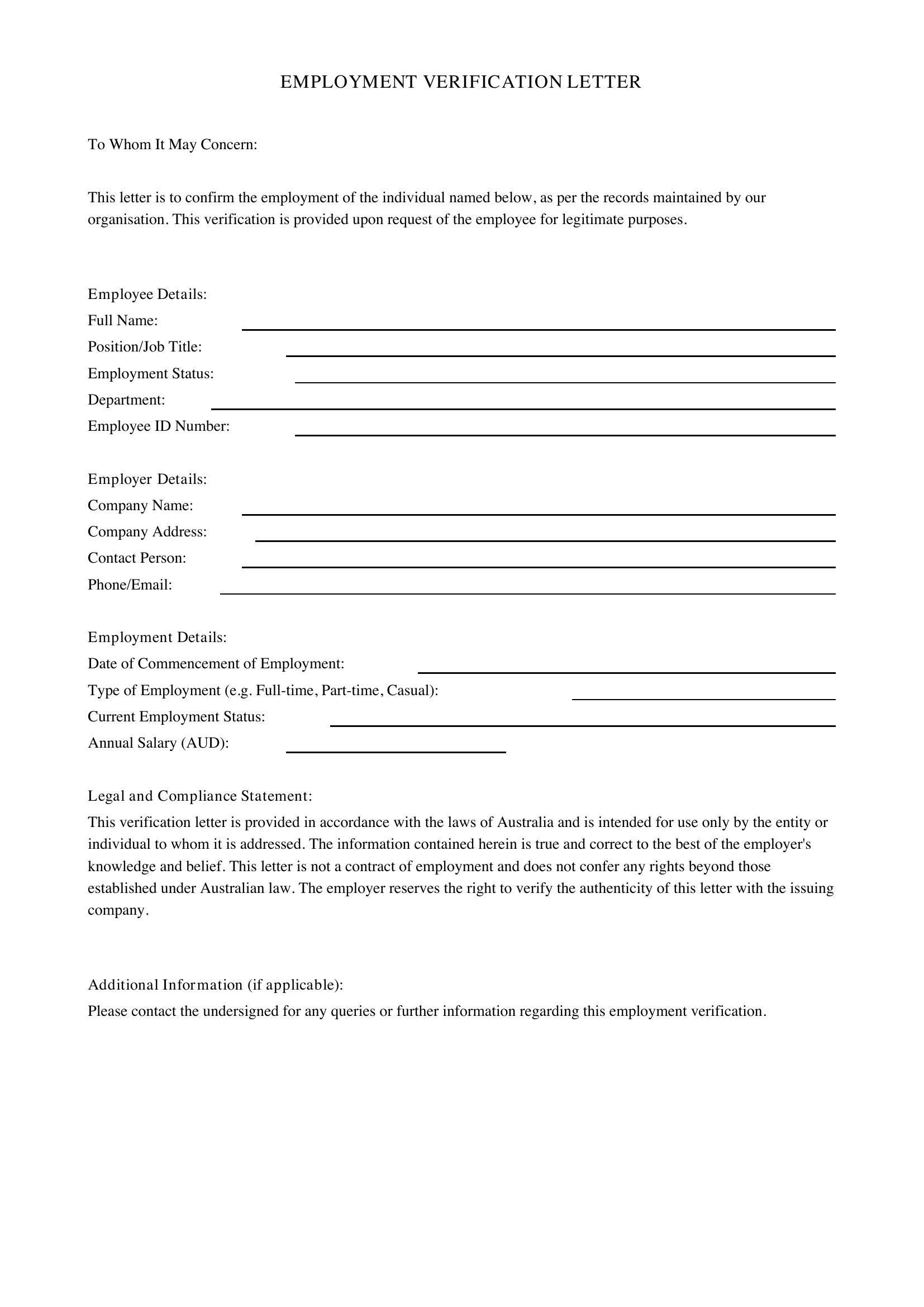 Employment Verification Letter Template - Australia