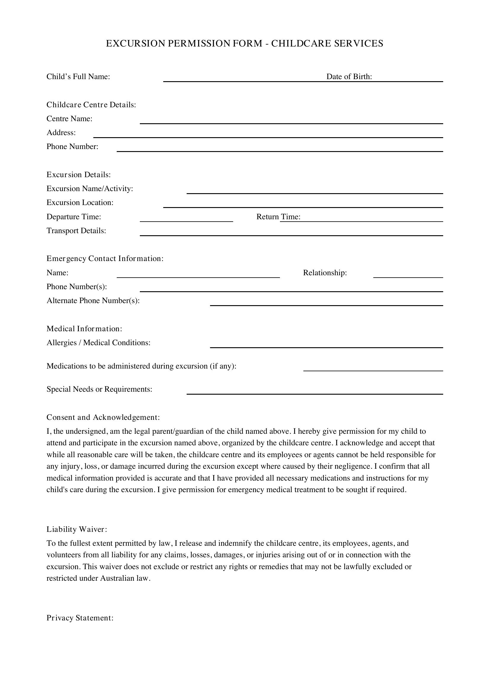Excursion Permission Form Childcare Template - Australia