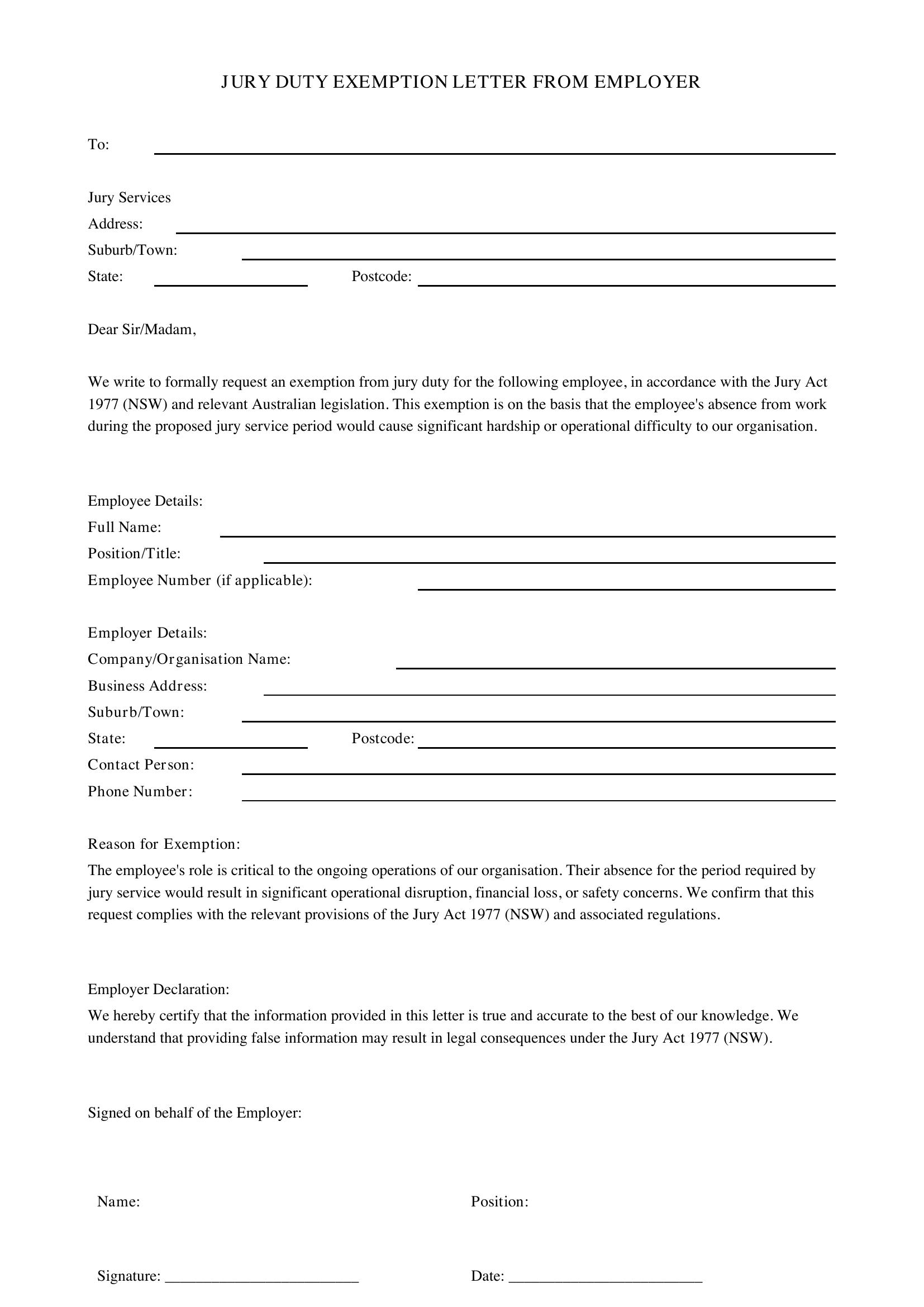 Jury Duty Exemption Letter From Employer Nsw Template - Australia