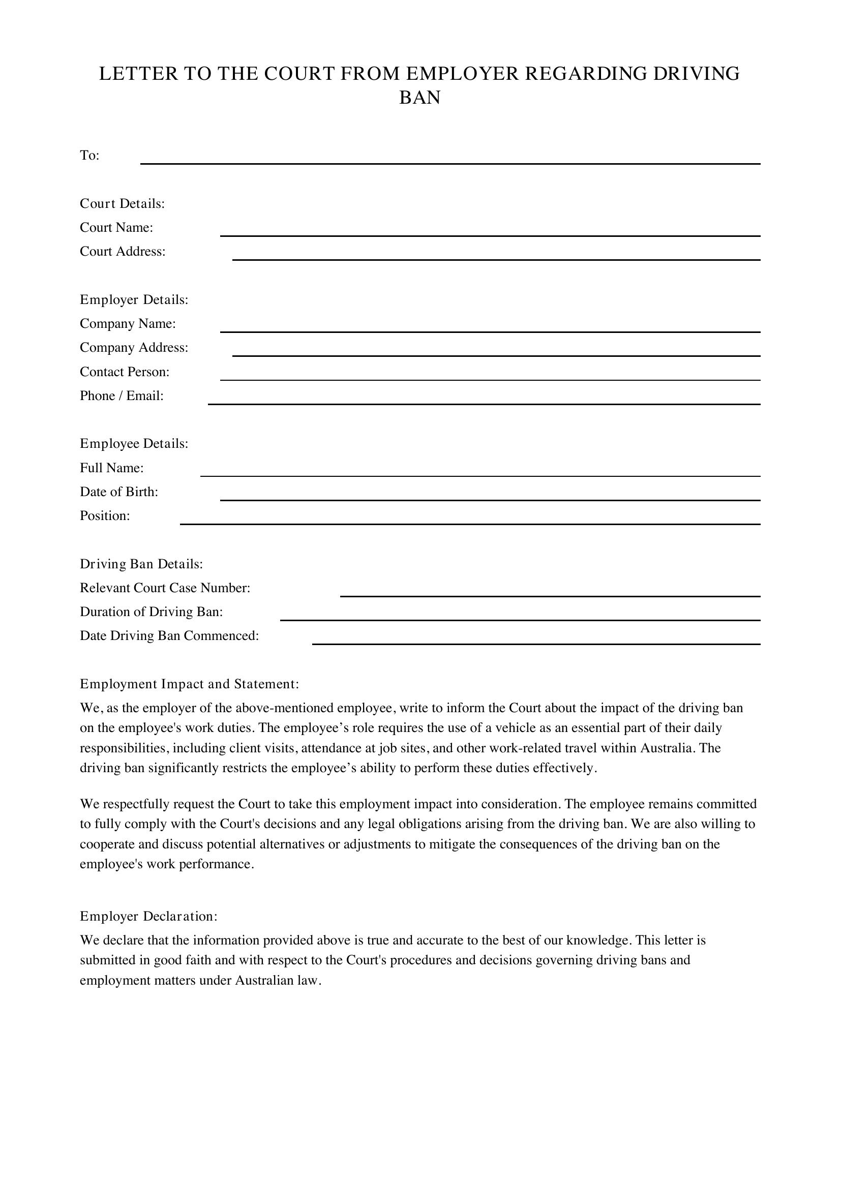 Letter To Court From Employer Driving Ban Template - Australia
