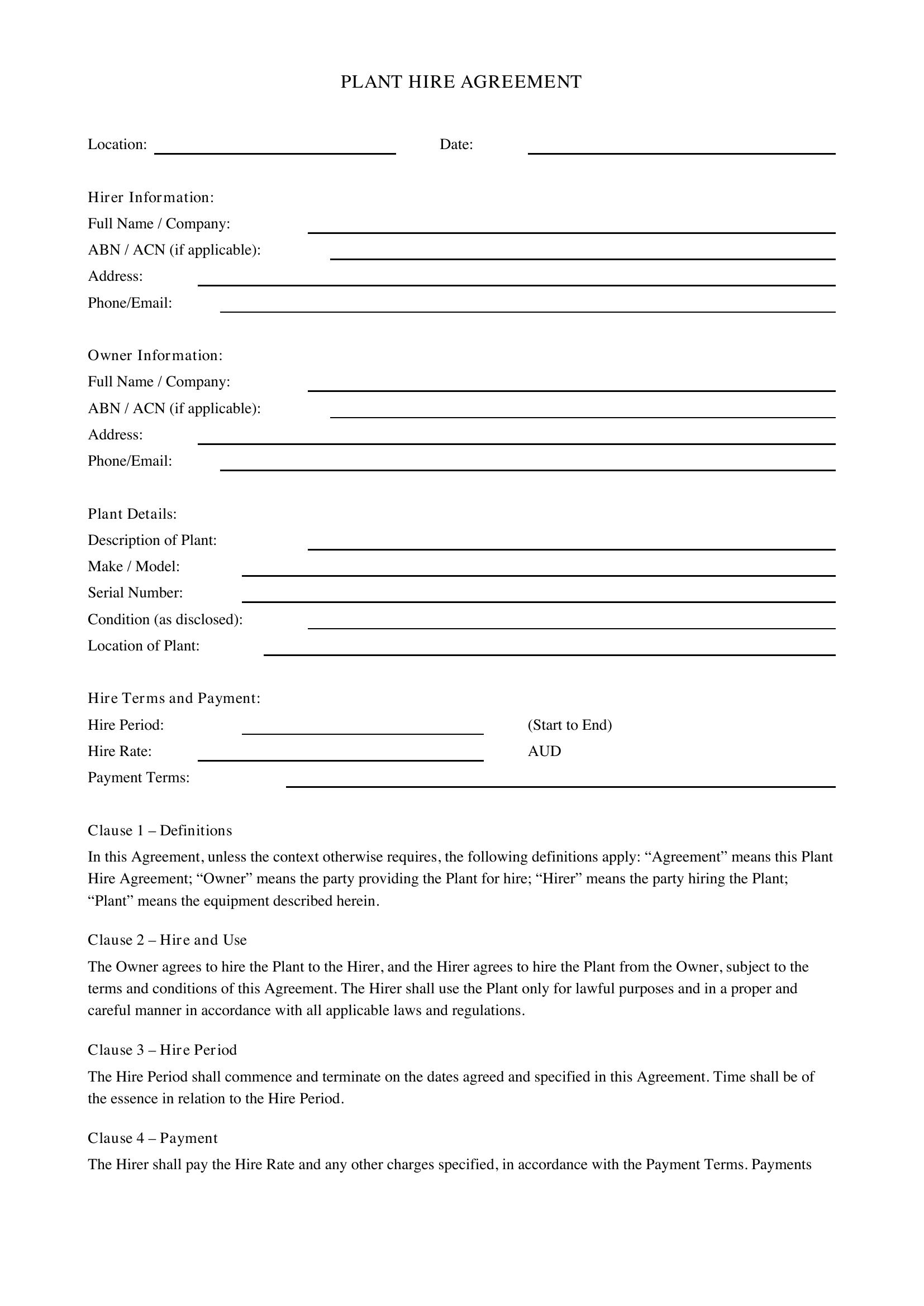Plant Hire Agreement Template - Australia