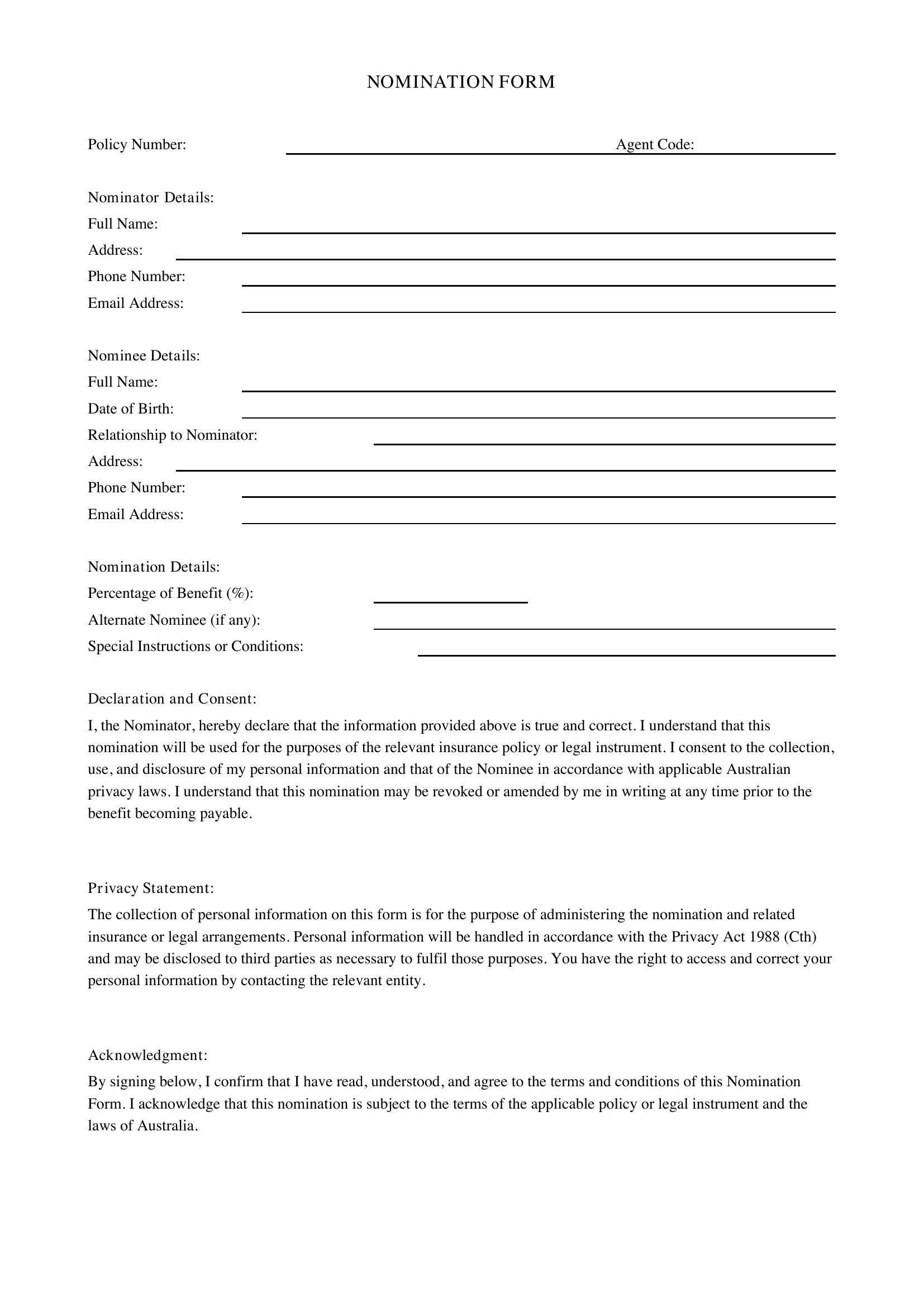 Printable Nomination Form Template - Australia