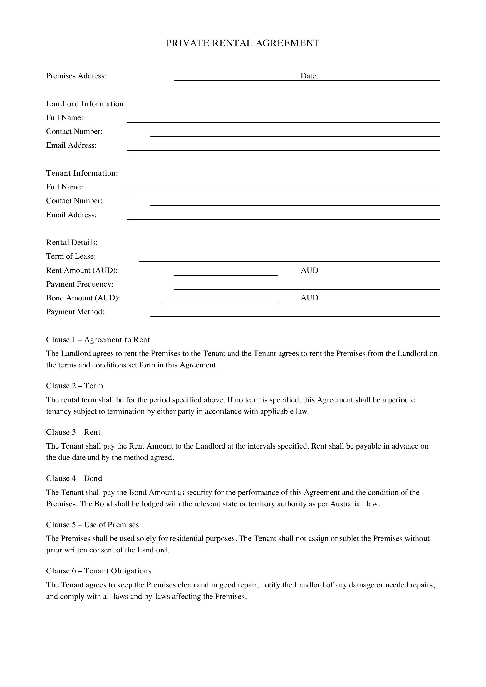 Private Rental Agreement Template - Australia