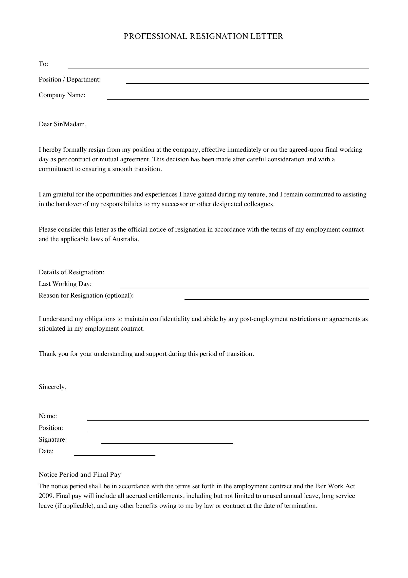 Professional Resignation Letter Template - Australia