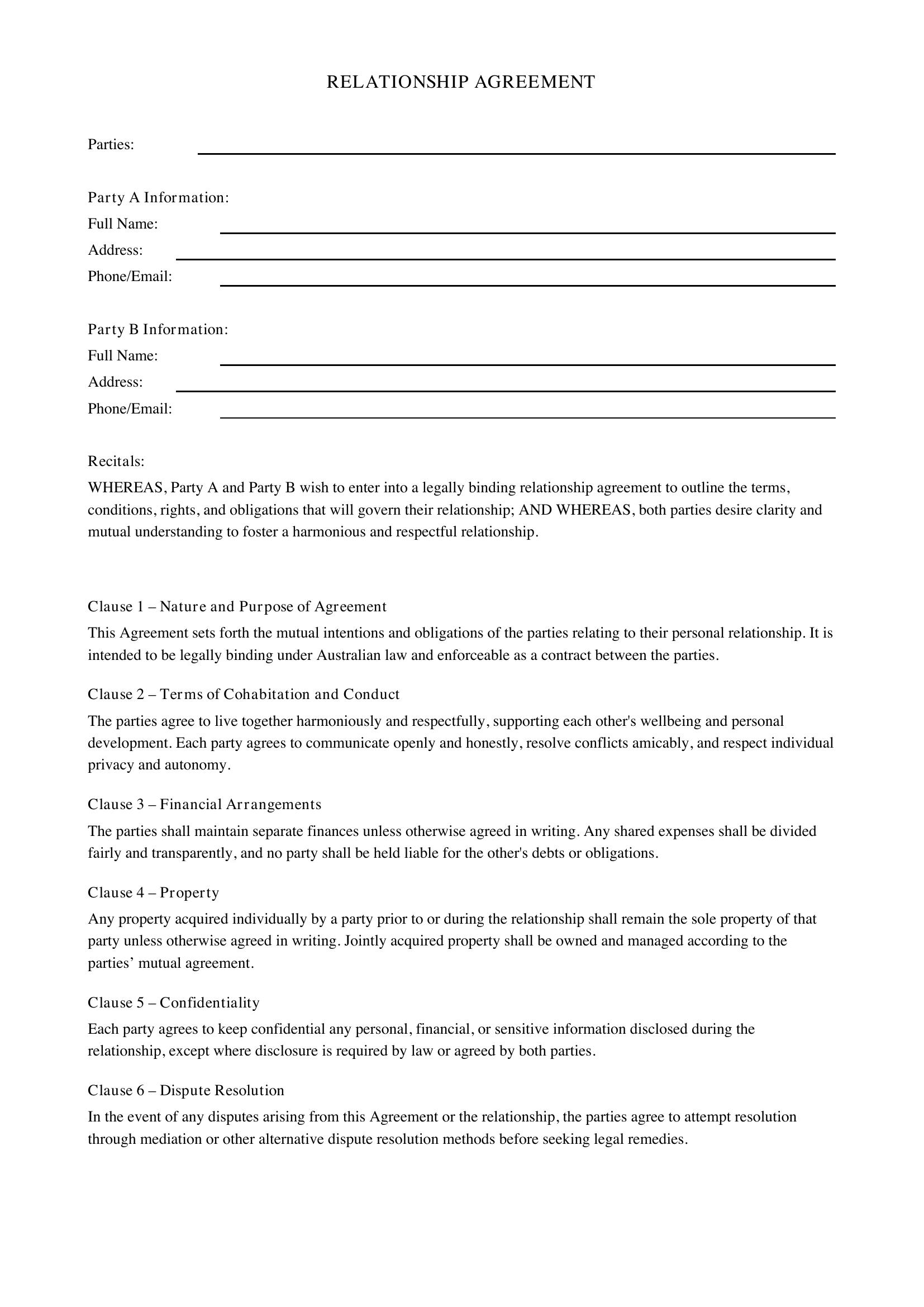 Relationship Contract Template - Australia