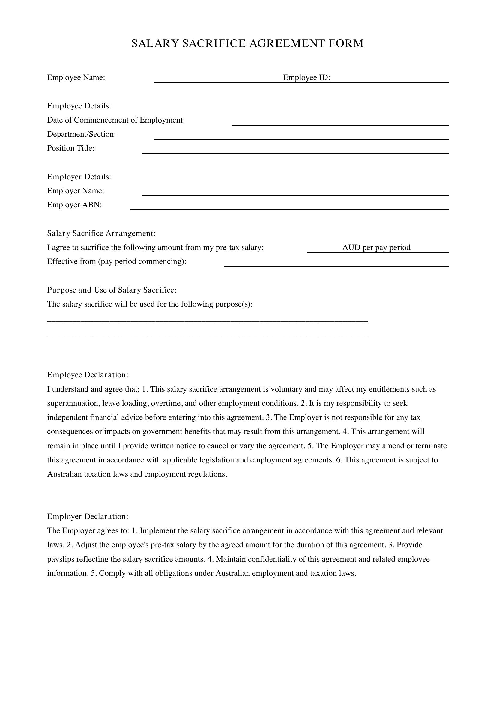 Salary Sacrifice Form Template - Australia