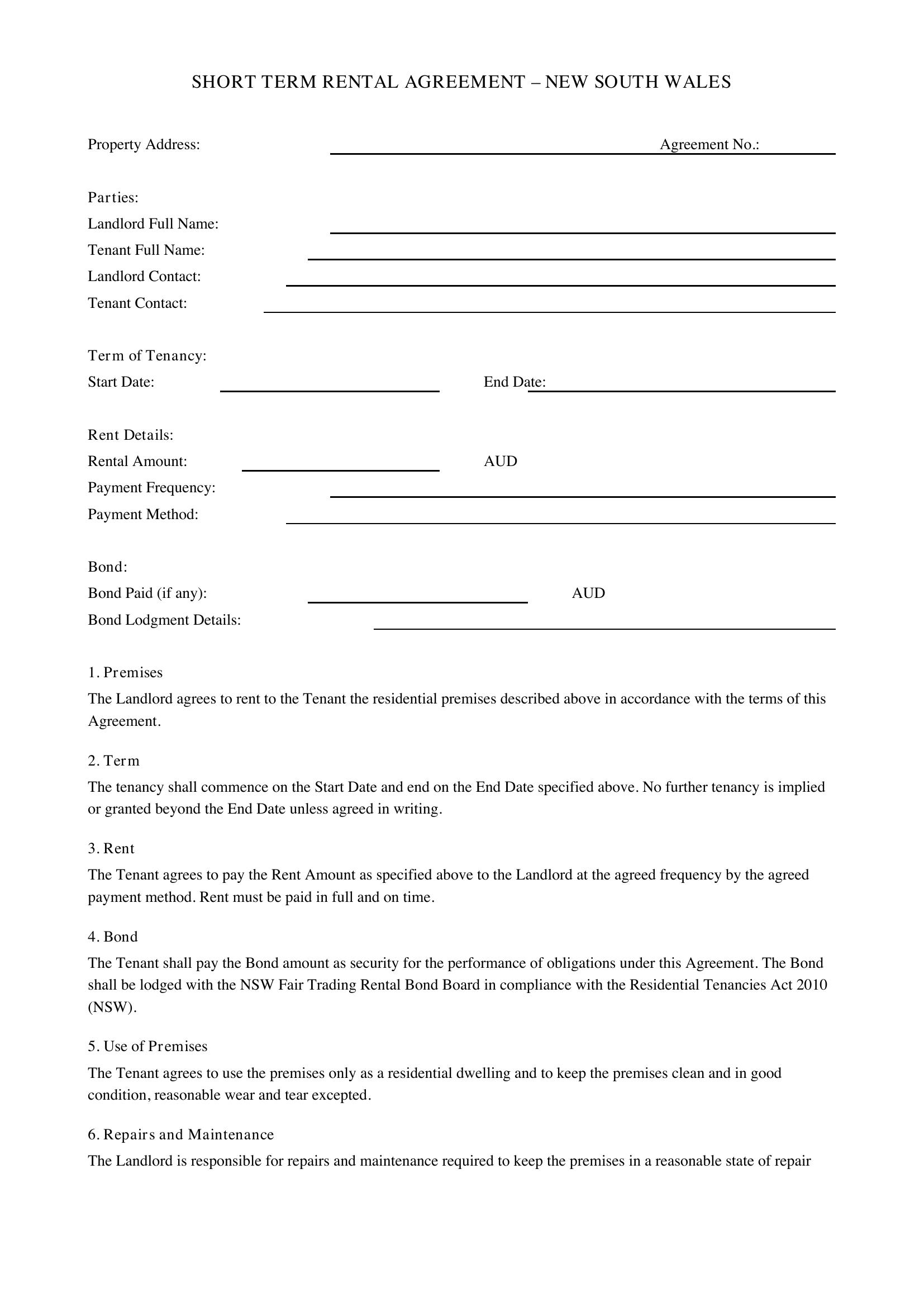 Short Term Rental Agreement Nsw Template - Australia