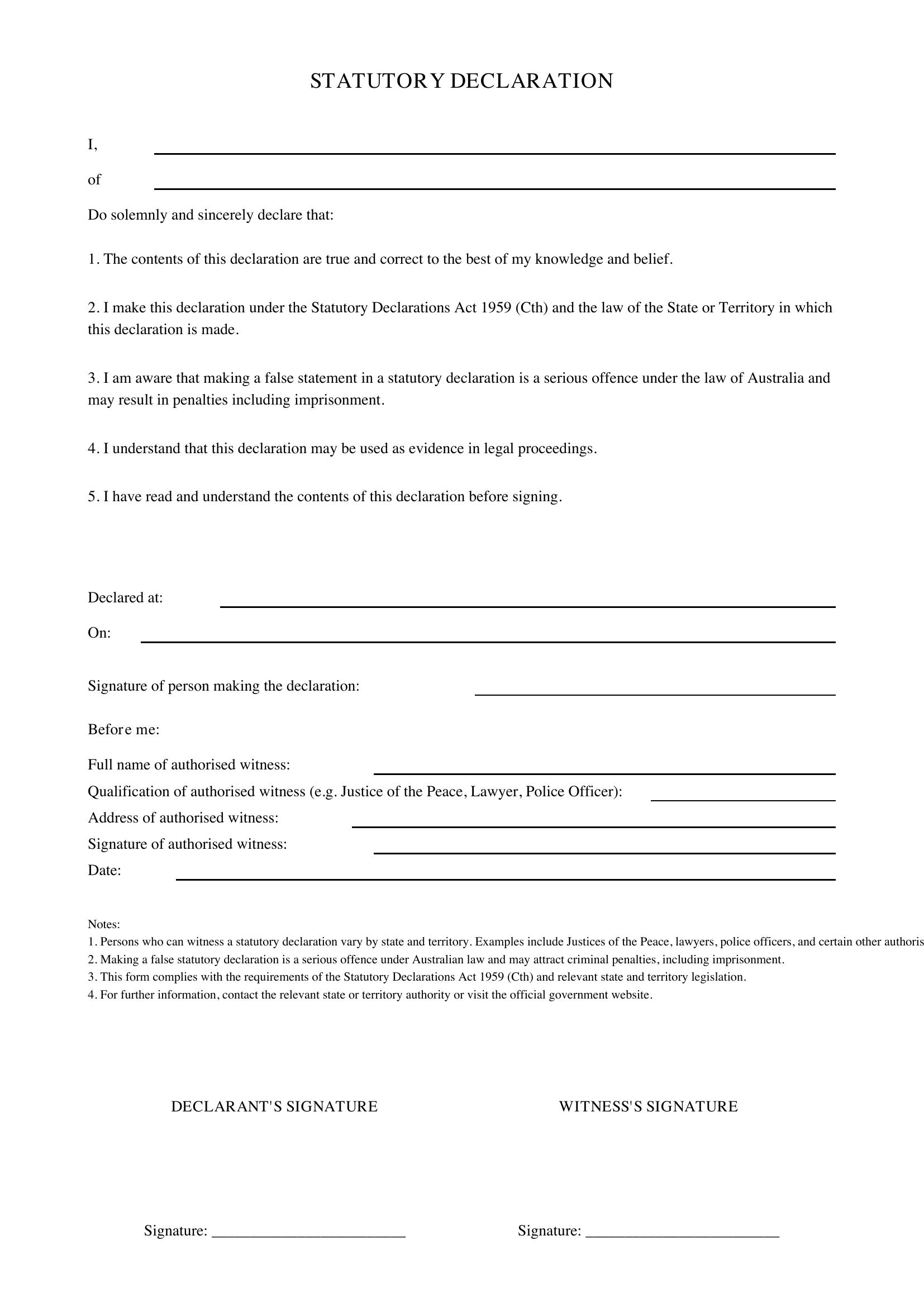 Statutory Declaration Form Template - Australia
