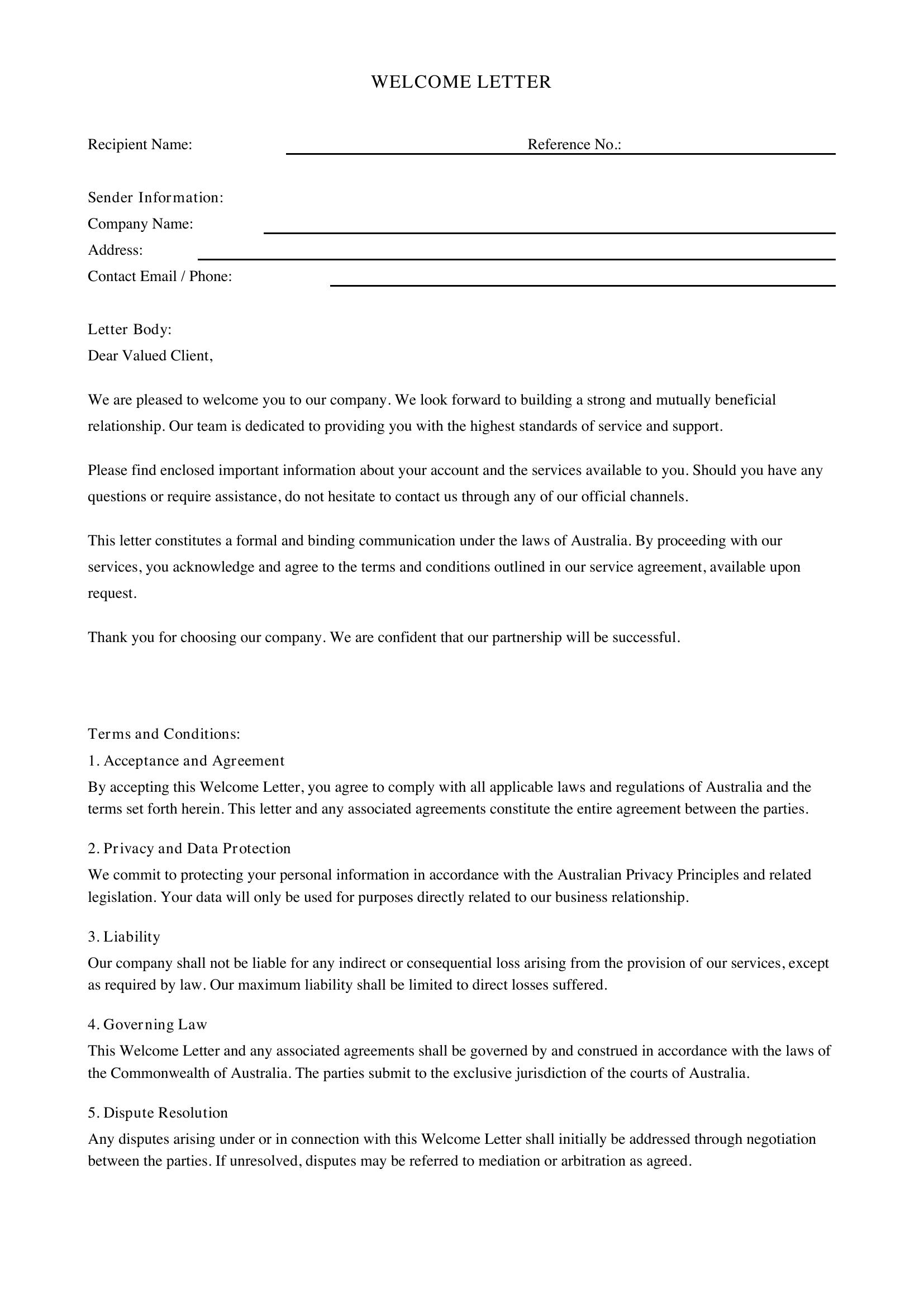 Welcome Letter Template - Australia